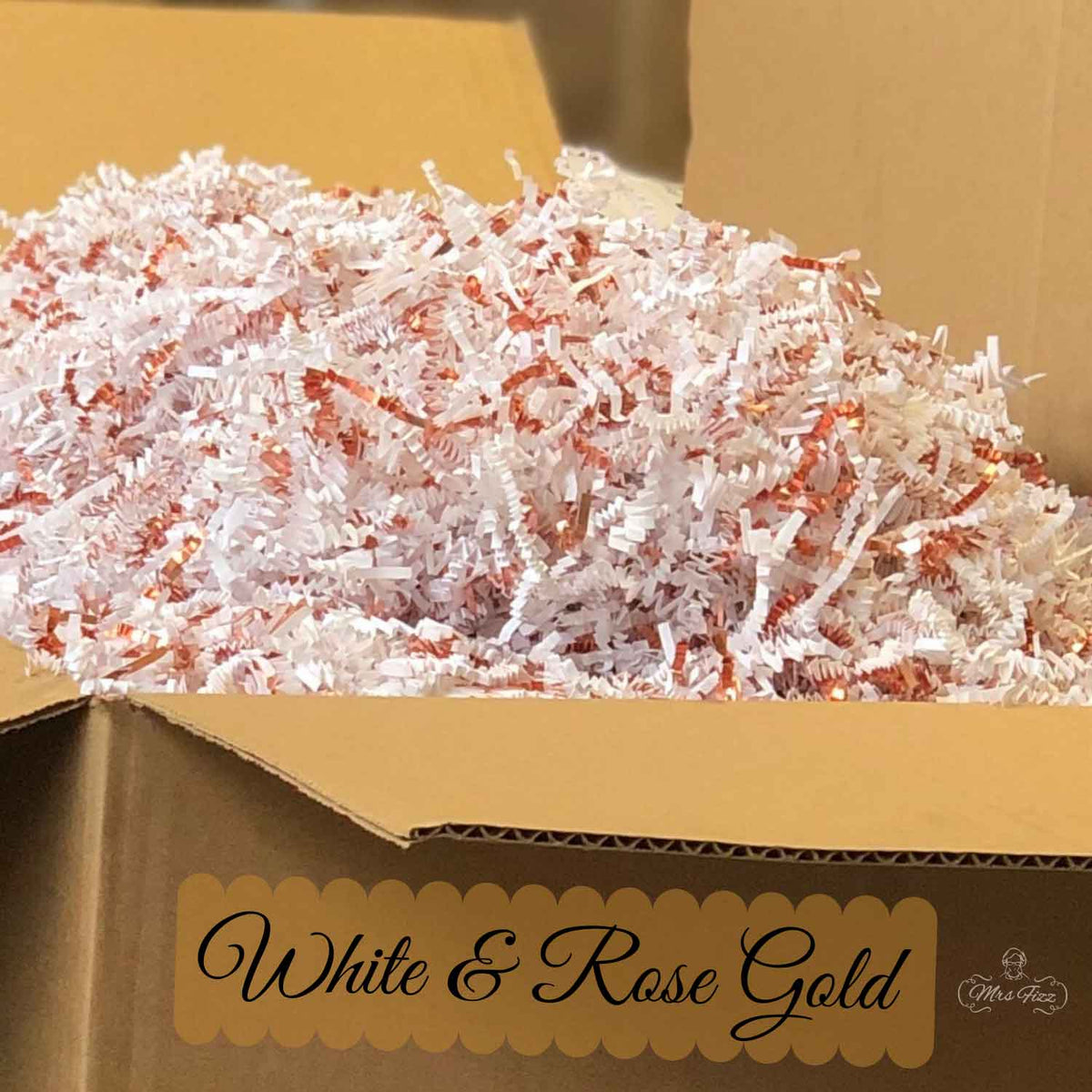 White and Rose Gold Crinkle Cut Shredded Paper in All Sizes | Mrs Fizz